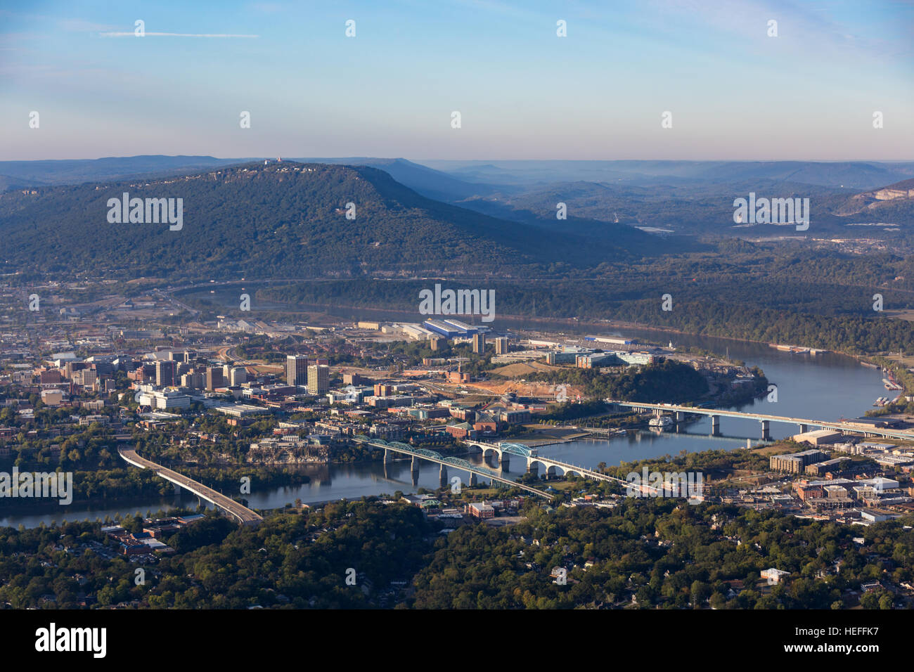 Aerial view of Lookout Mountain and the Tennessee River in Chattanooga ...