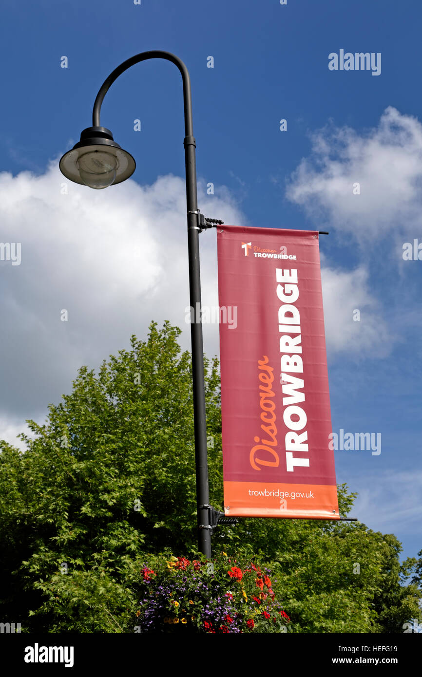 A Discover Trowbridge banner on a lamp post in the Trowbridge Town Park ...