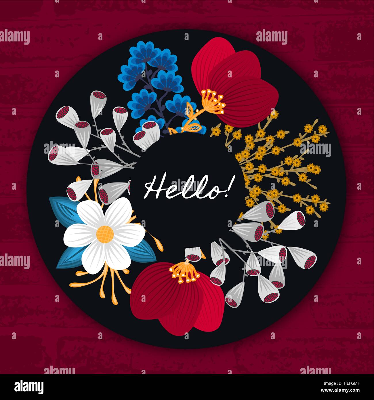 Floral round frame. Hand drawn flowers around circle. Colorful ...