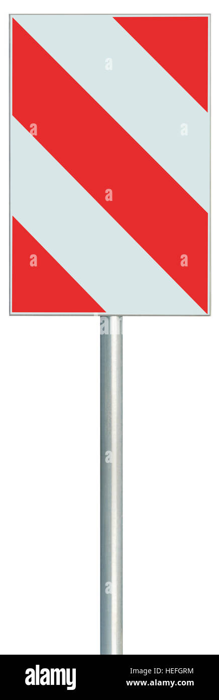 Obstacle detour barrier road sign on pole post, red, white diagonal ...