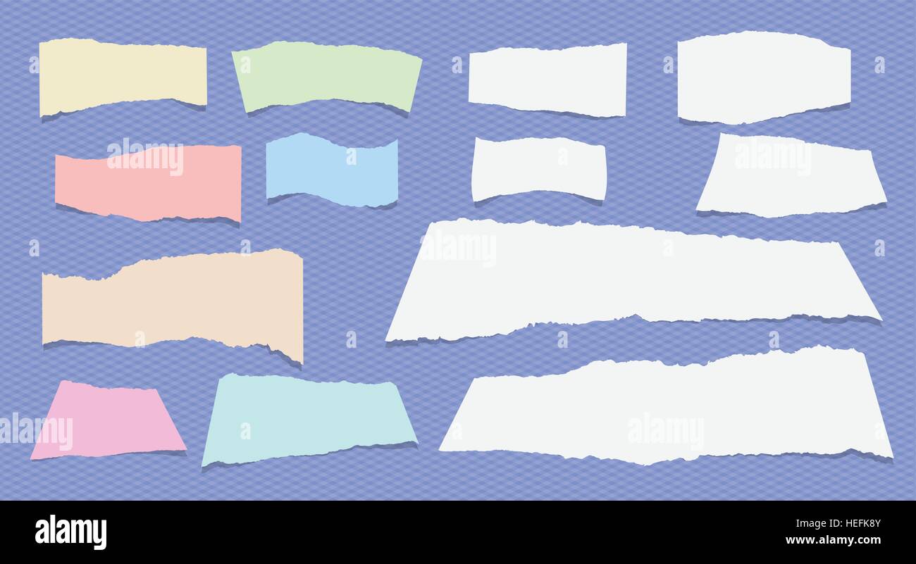 Pieces of white and beige torn note, notebook paper sheets stuck on ...