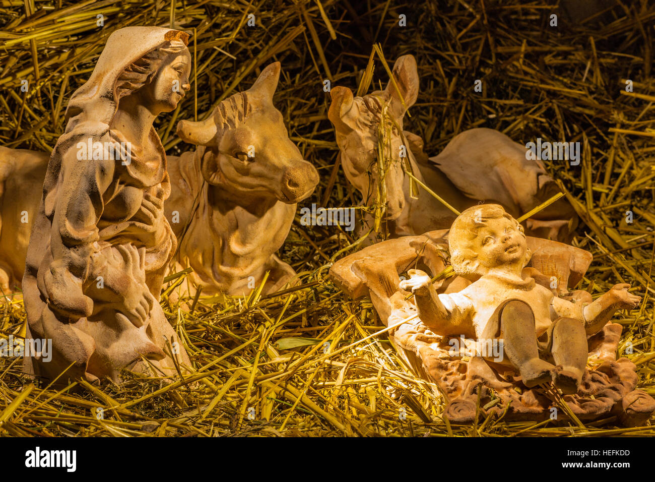 Christmas nativity scene of Holy Baby Jesus in the manger with Blessed ...