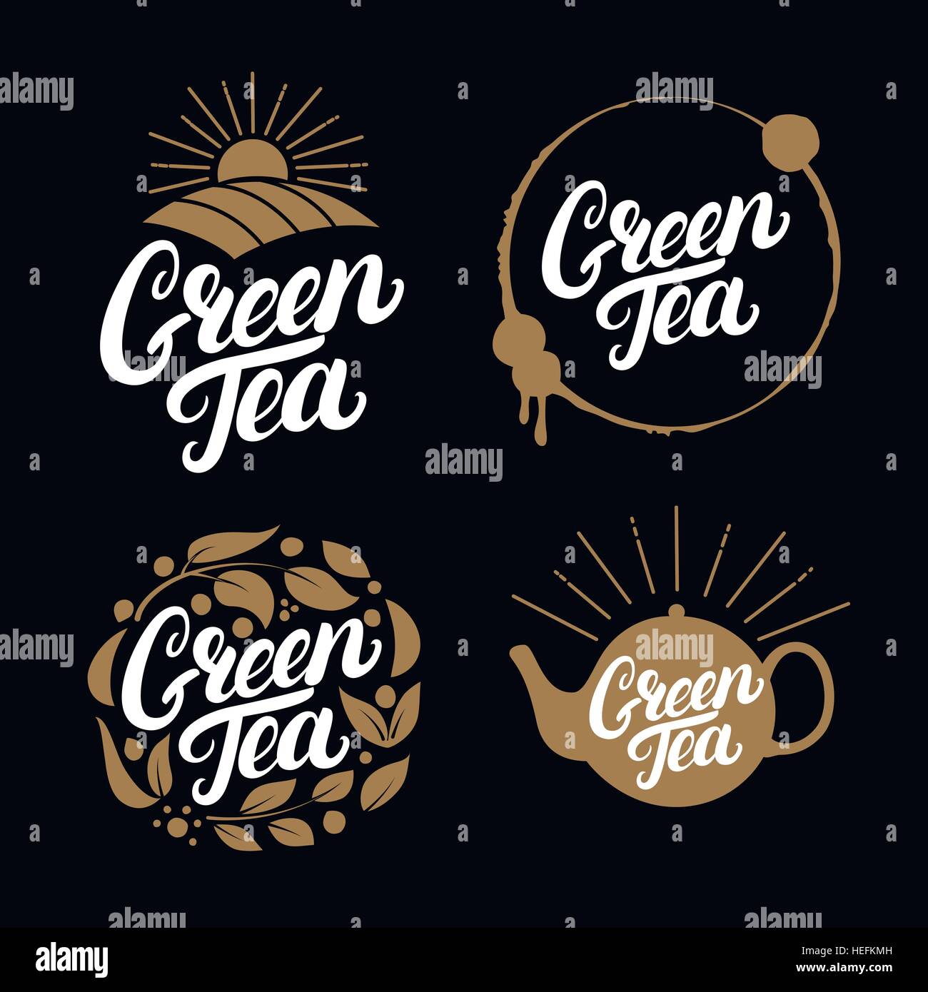 Set of Green Tea hand written lettering logos, labels, badge, emblem ...