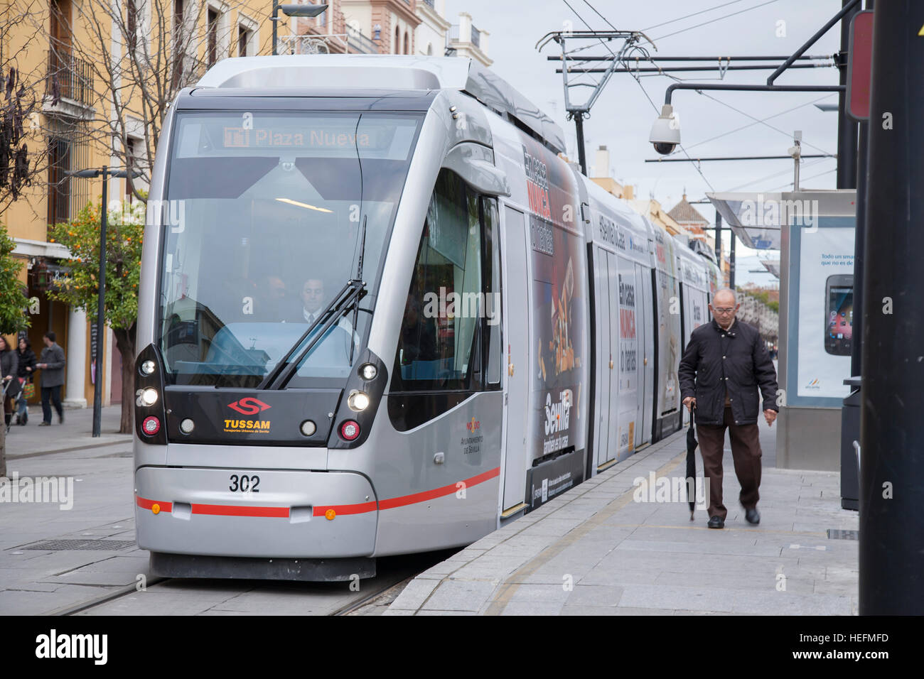 Tram at Station Stop, Seville, Spain Stock Photo - Alamy