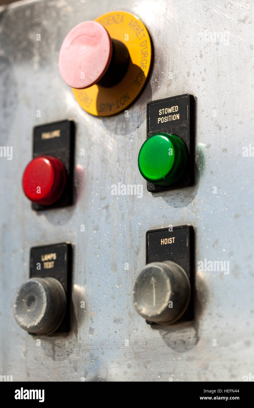 Control buttons on Cruise ship. Used for stowing lifeboats on board ...