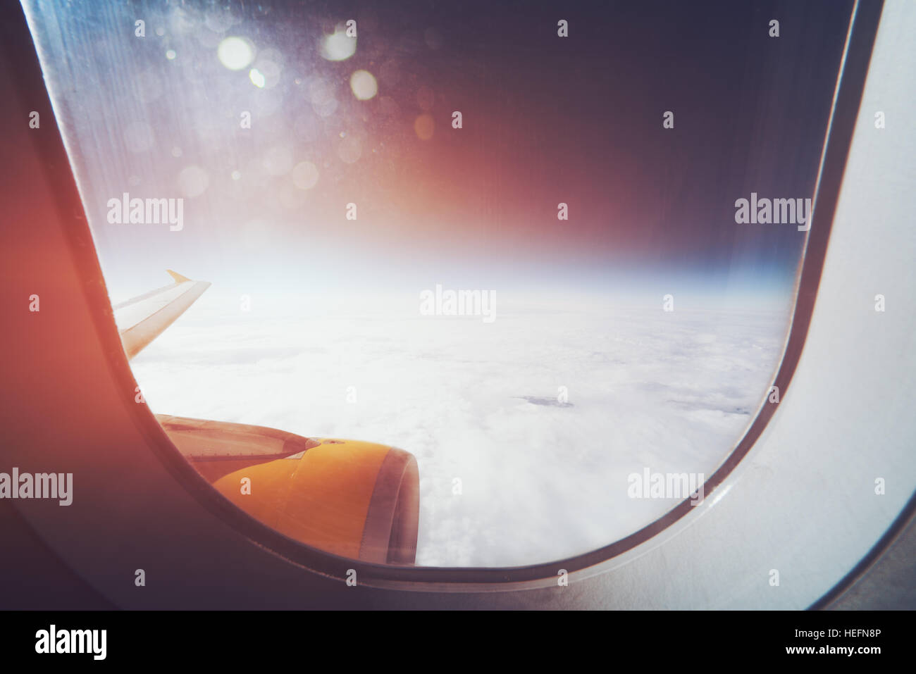 Beautiful wide view from window of aircraft: cloudscape, horizon ...