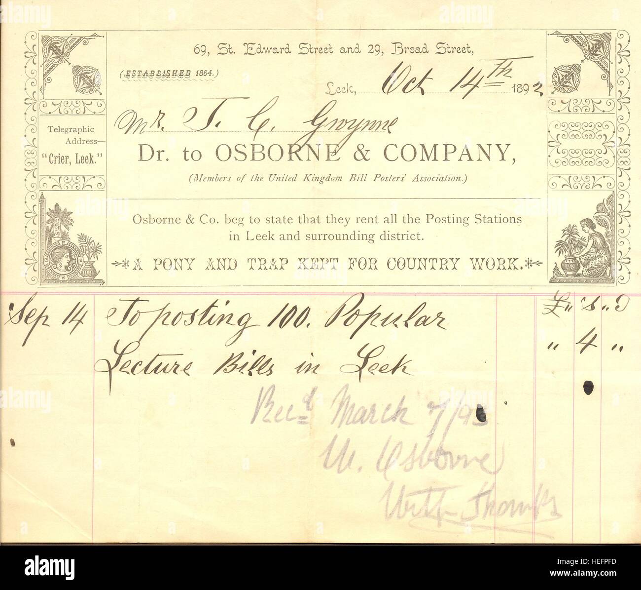 Invoice for Osborne & Company, Bill Posters. 1892 Stock Photo - Alamy