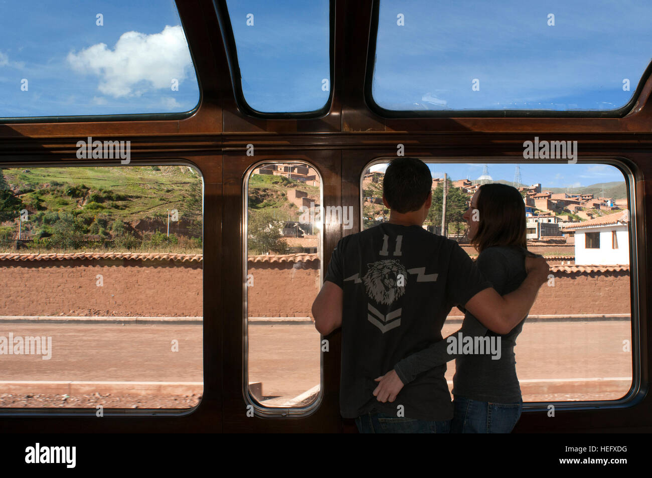 Andean Explorer, luxury train from Cusco to Puno. Observation car at ...