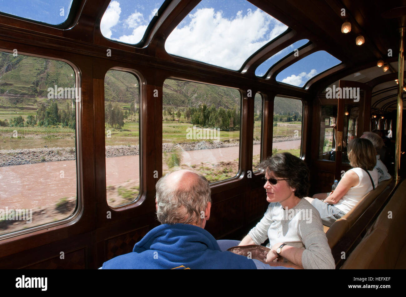 Andean Explorer, luxury train from Cusco to Puno. Observation car at ...