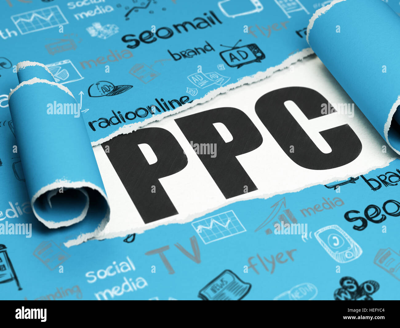 Advertising concept: black text PPC under the piece of torn paper Stock ...