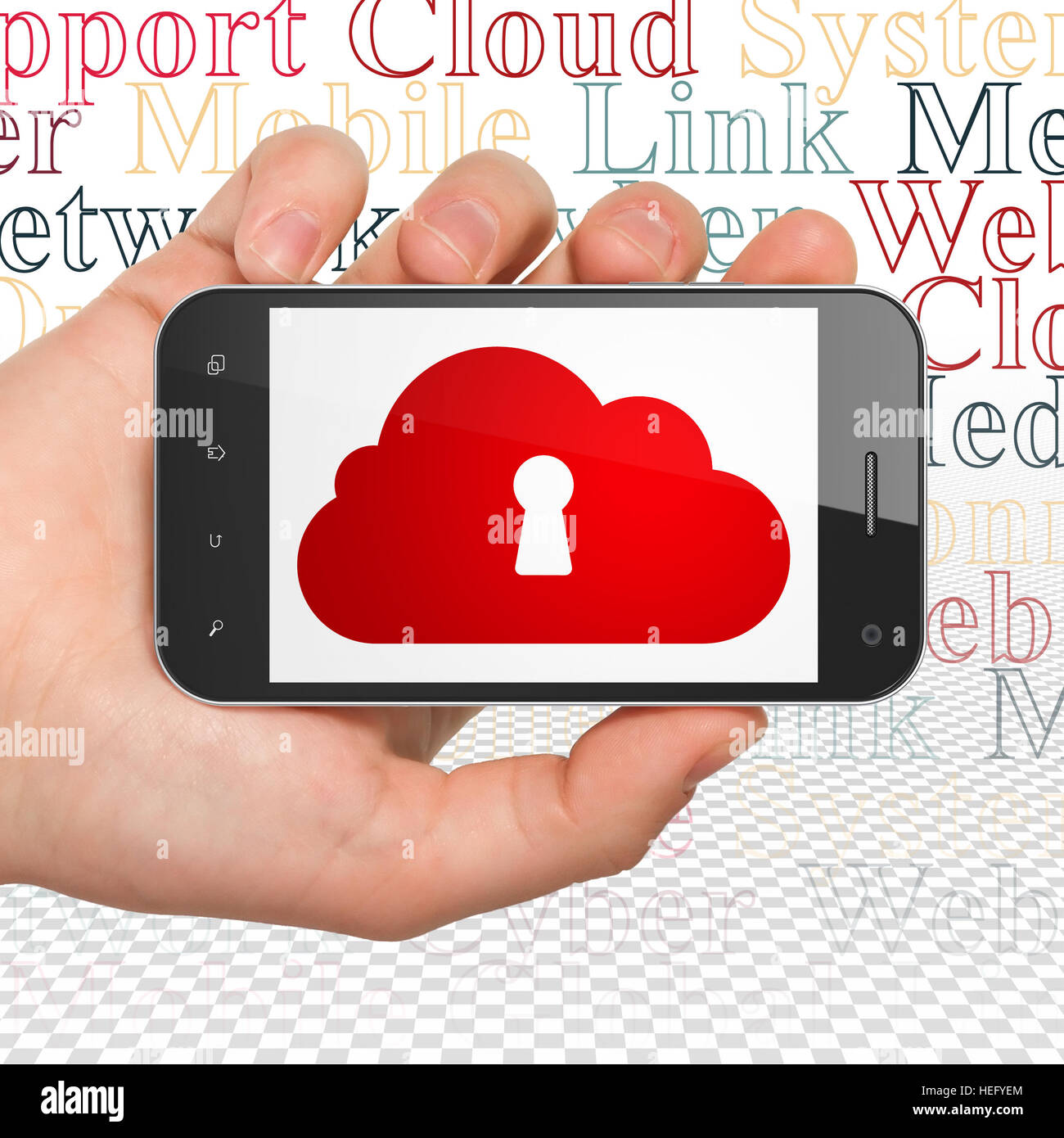 Cloud networking concept: Hand Holding Smartphone with Cloud With ...