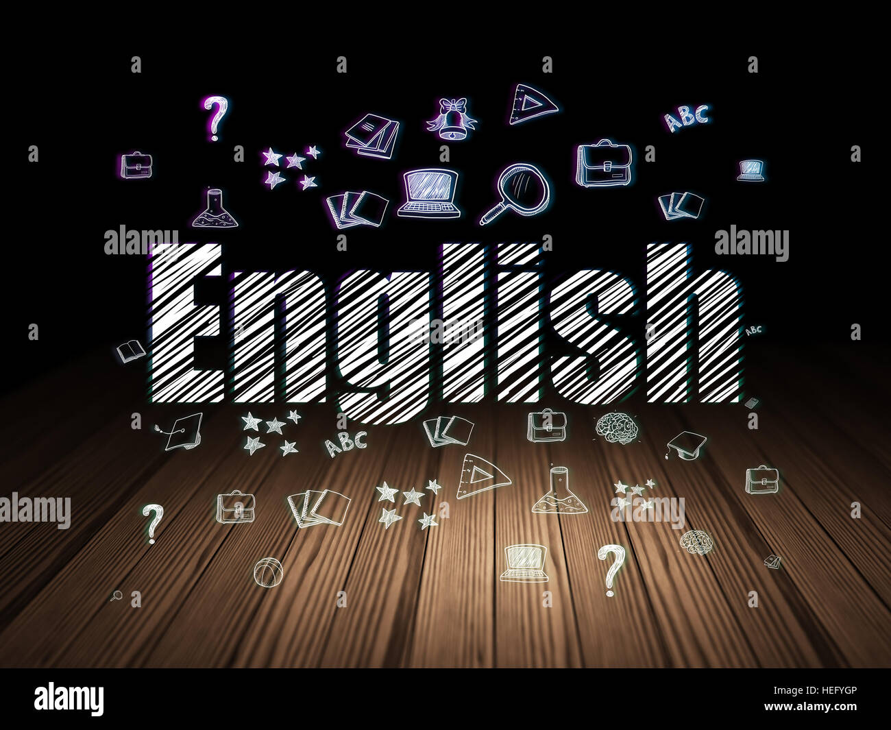 Learning concept: English in grunge dark room Stock Photo - Alamy