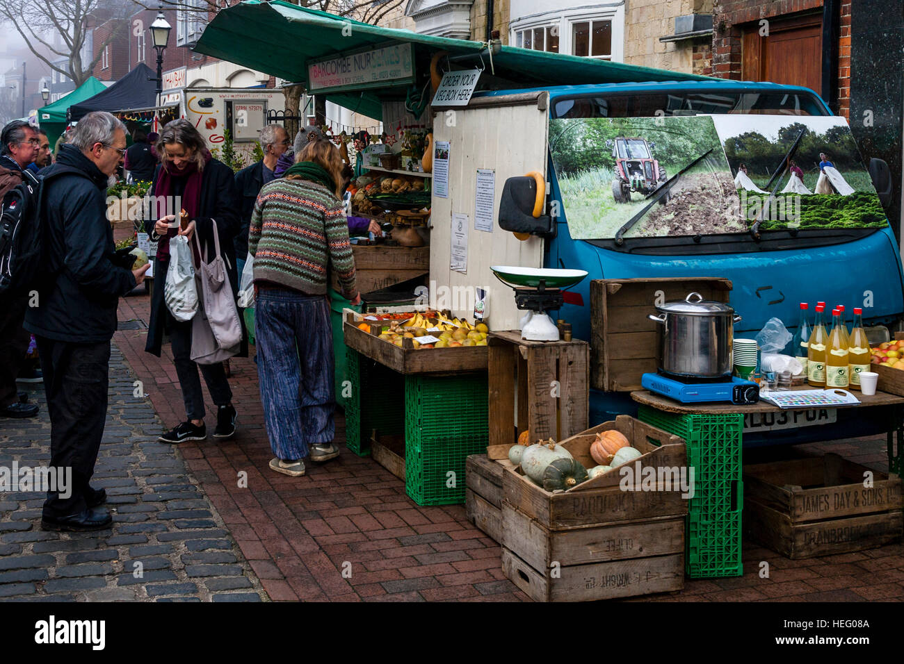 The Saturday Farmers Market, High Street, Lewes, Sussex, UK Stock Photo ...