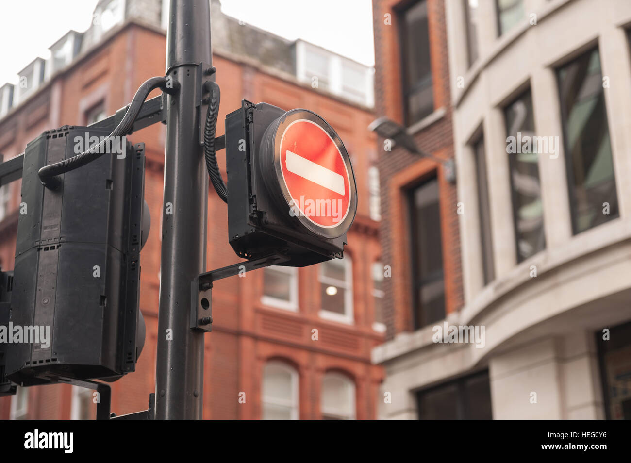 no entry sigh board on pedestrian walkway looking up at the sign with ...