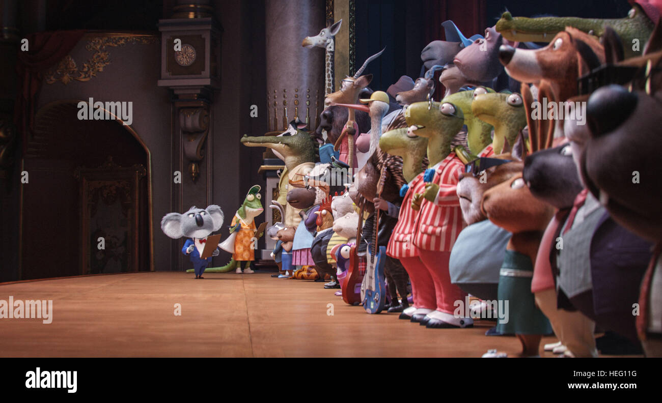 SING, Buster Moon (left, voice: Matthew McConaughey) Miss Crawly ...