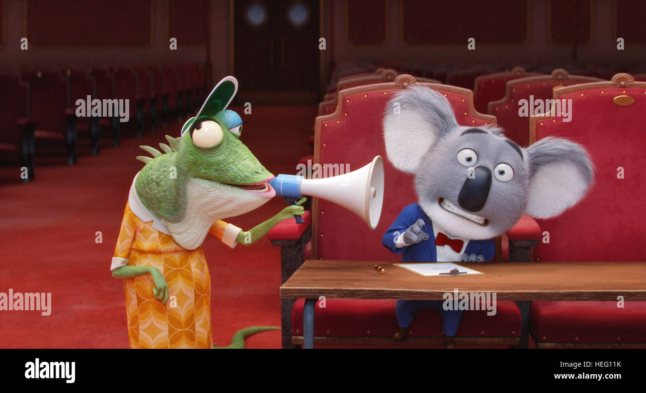 SING, from left: Miss Crawly (voice: Garth Jennings), Buster Moon ...