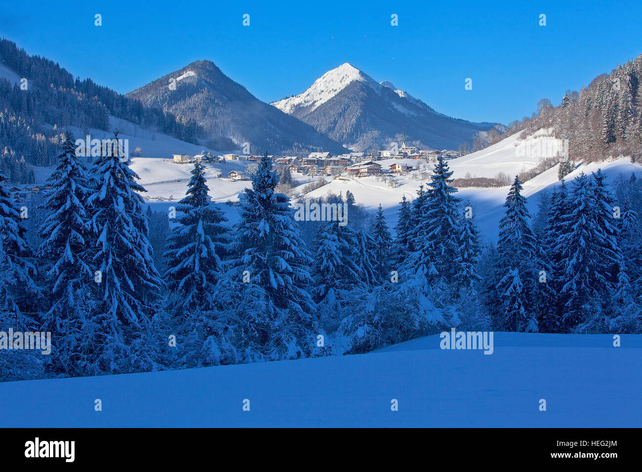 Austria, Tyrol, winter morning in Hinterthiersee (village Stock Photo ...