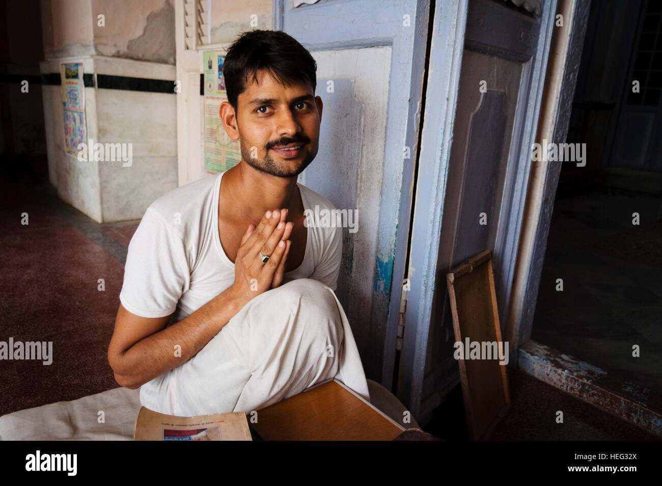 Jain man doing namaste gesture at a jain monastery in Sarnath, Uttar ...