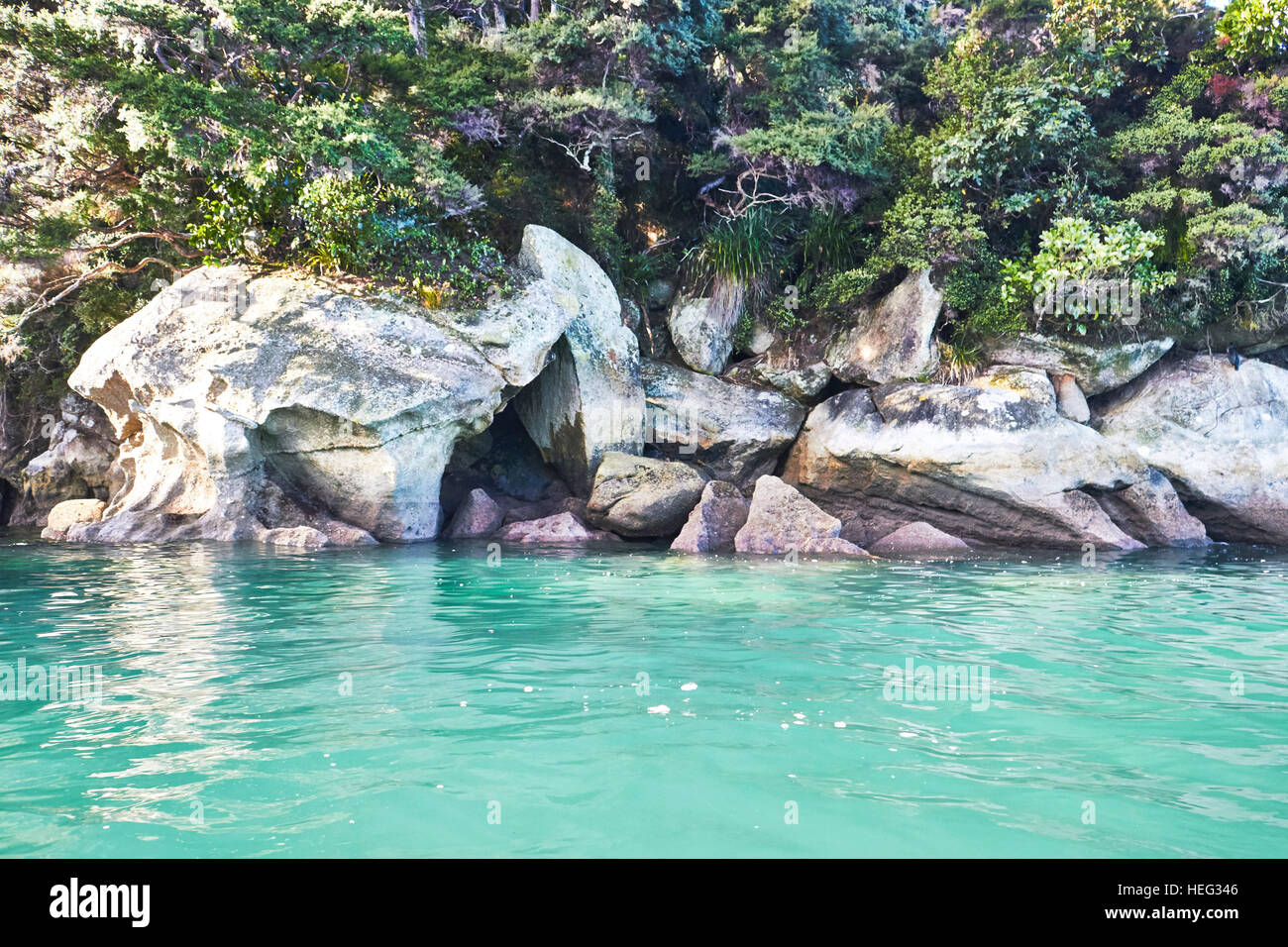 New Zealand, Abel Tasman National Park, Marahau, sunny, turquoise water, granite cliffs Stock ...