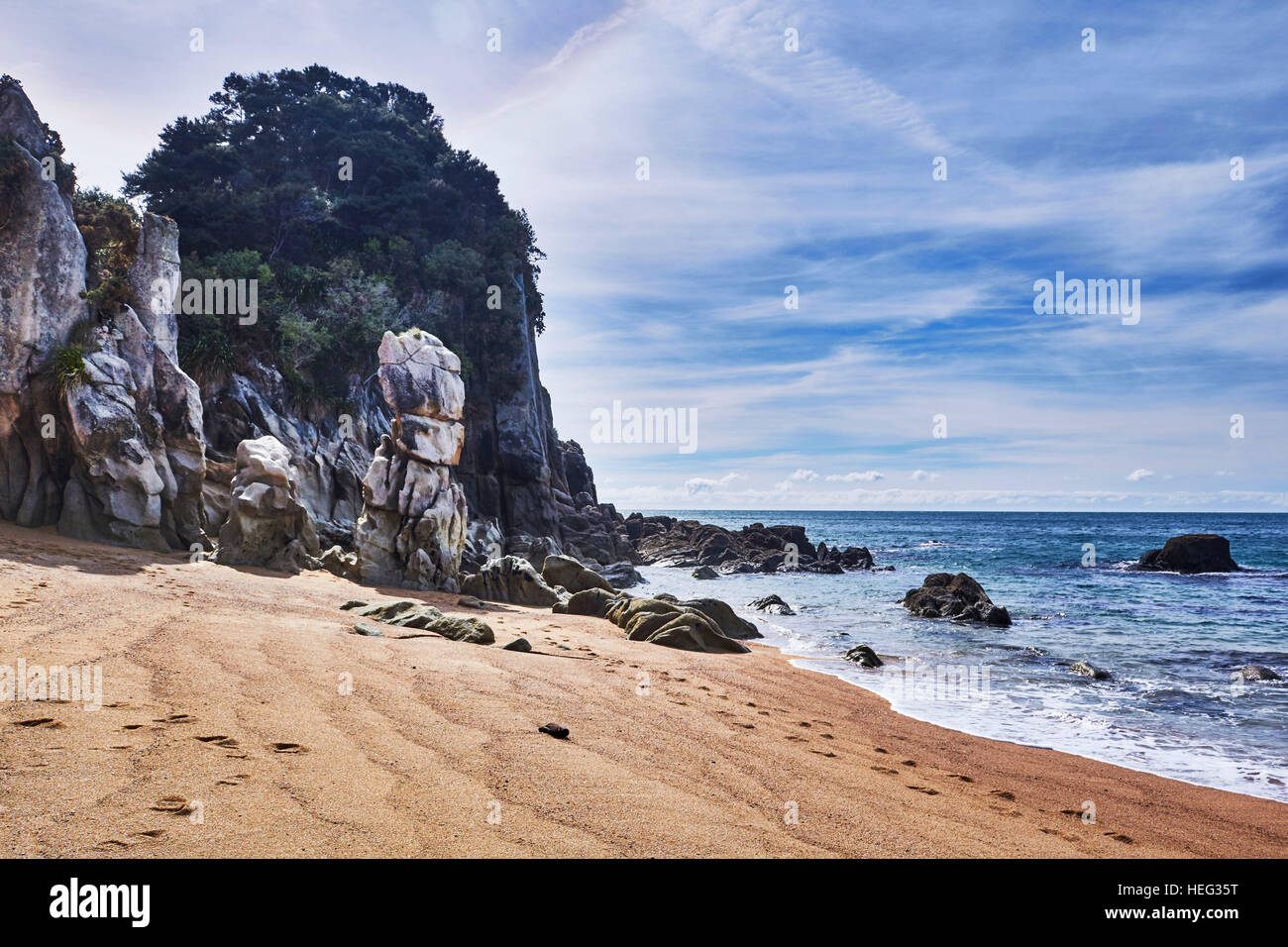 New Zealand, south island, golden Sand, sandy beach, granite rock, wood ...