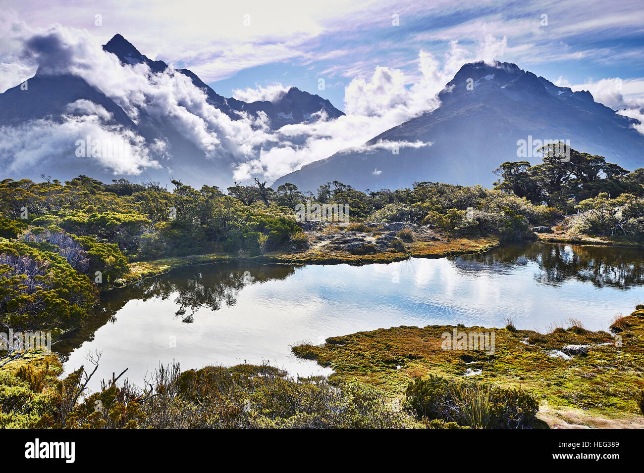 New Zealand, south island, fjord country, Key Summit, mountain lake and ...
