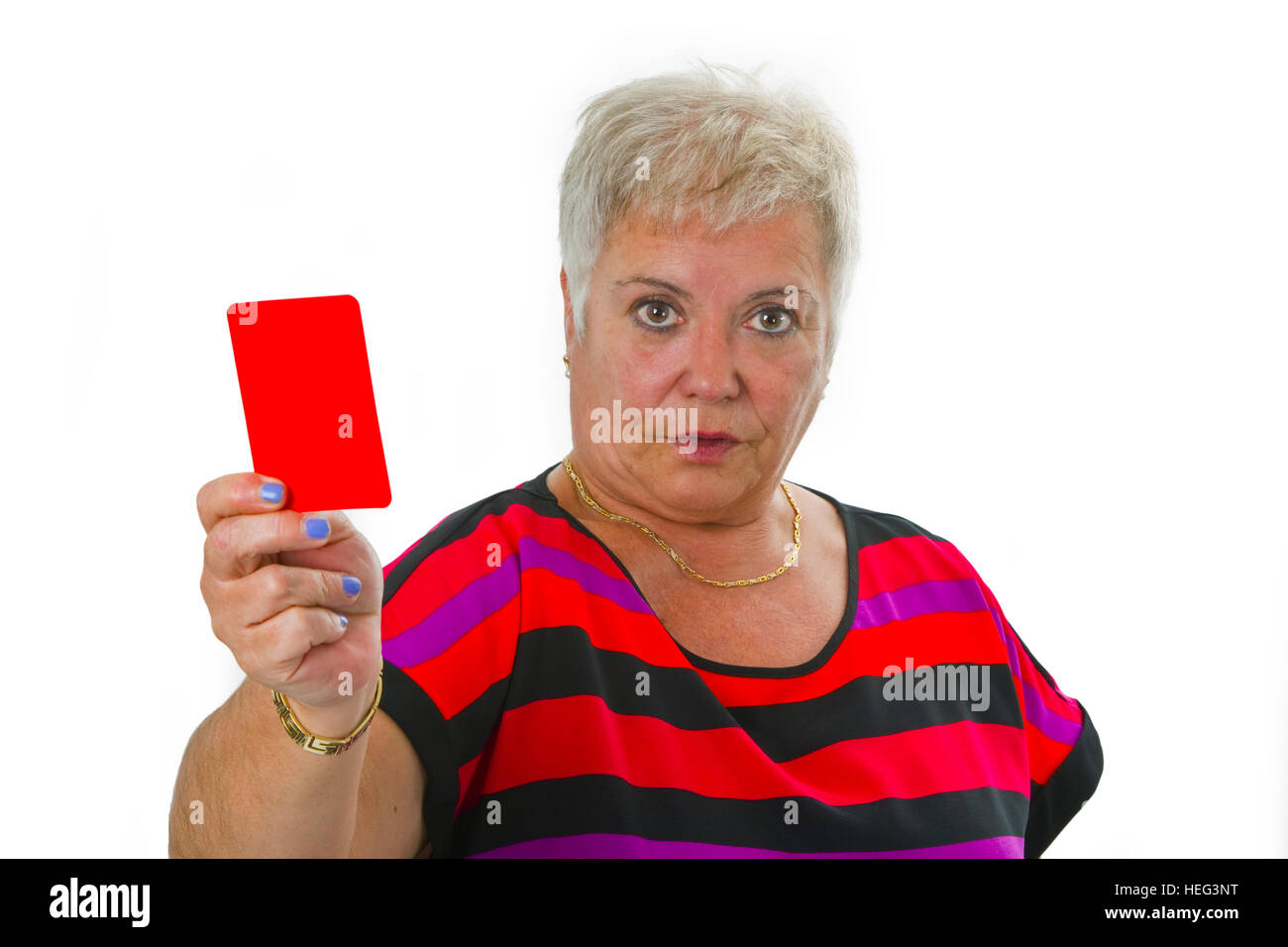 Female senior shows red card - isolated on white background Stock Photo ...