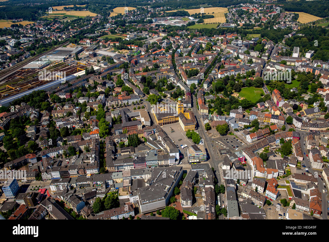 Aerial view, town center with town hall, Witten, Ruhr District, North ...