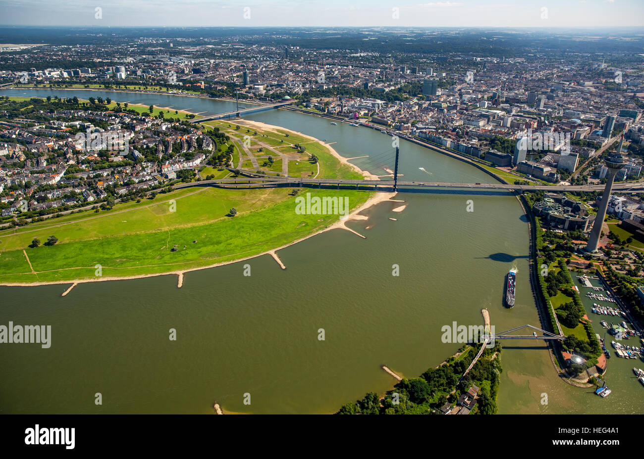 Aerial view of Rheinbogen Oberkassel, bridge over Rhine river bend ...