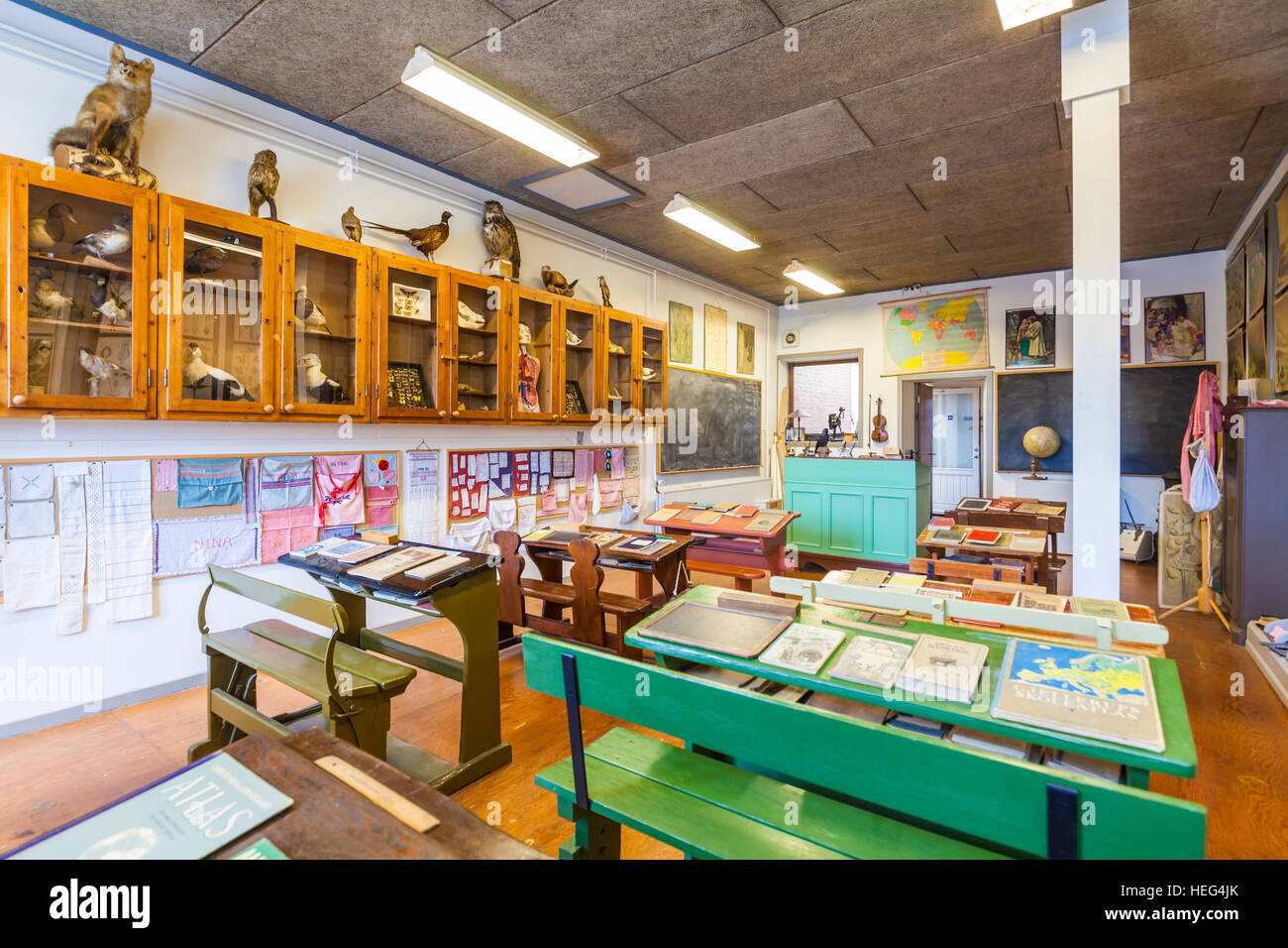 Classroom in Thorsvang Samlermuseum, exhibits, Stege, Møn, Denmark ...