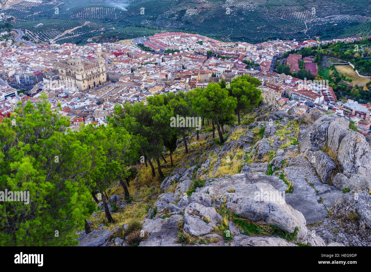 Jaén city overview at dusk from the parador-castle. Jaen, Andalusia ...