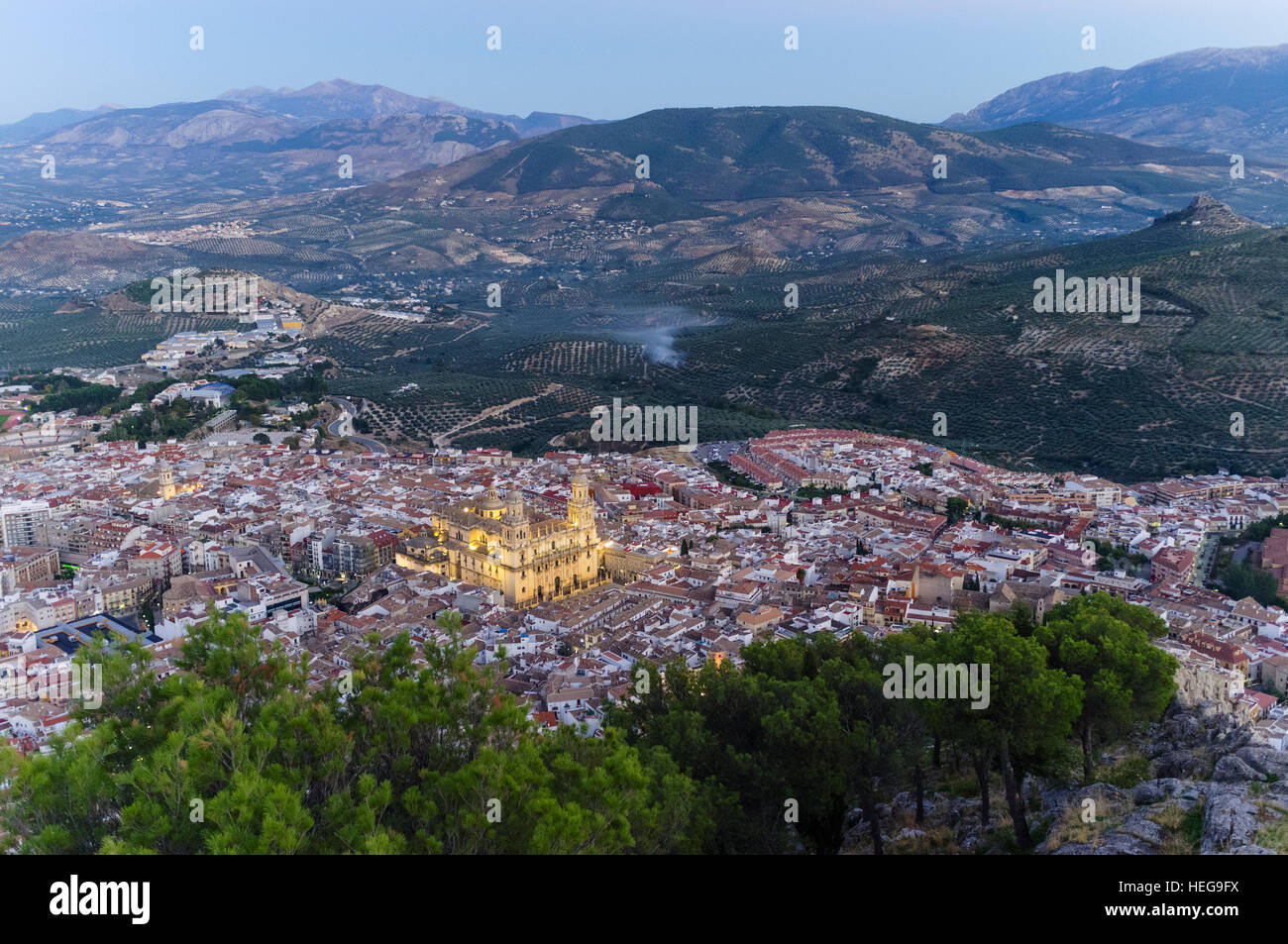 Jaen city overview at dusk with illuminated cathedral. Jaén, Andalusia ...