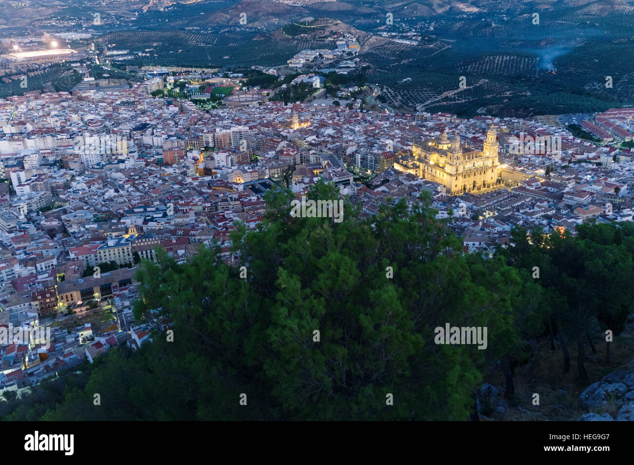 Jaen city overview at dusk with illuminated cathedral. Jaén, Andalusia ...
