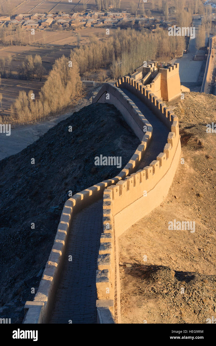 Western confine of the Great Wall at Jiayuguan, Gansu province, China ...