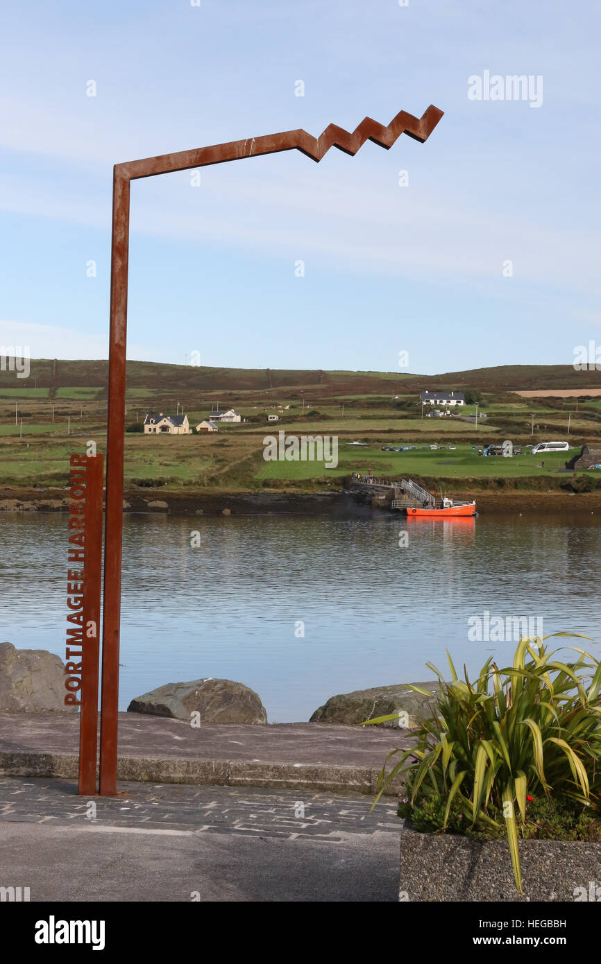 Wild Atlantic Way sign at Portmagee Harbour, with the road bridge to ...