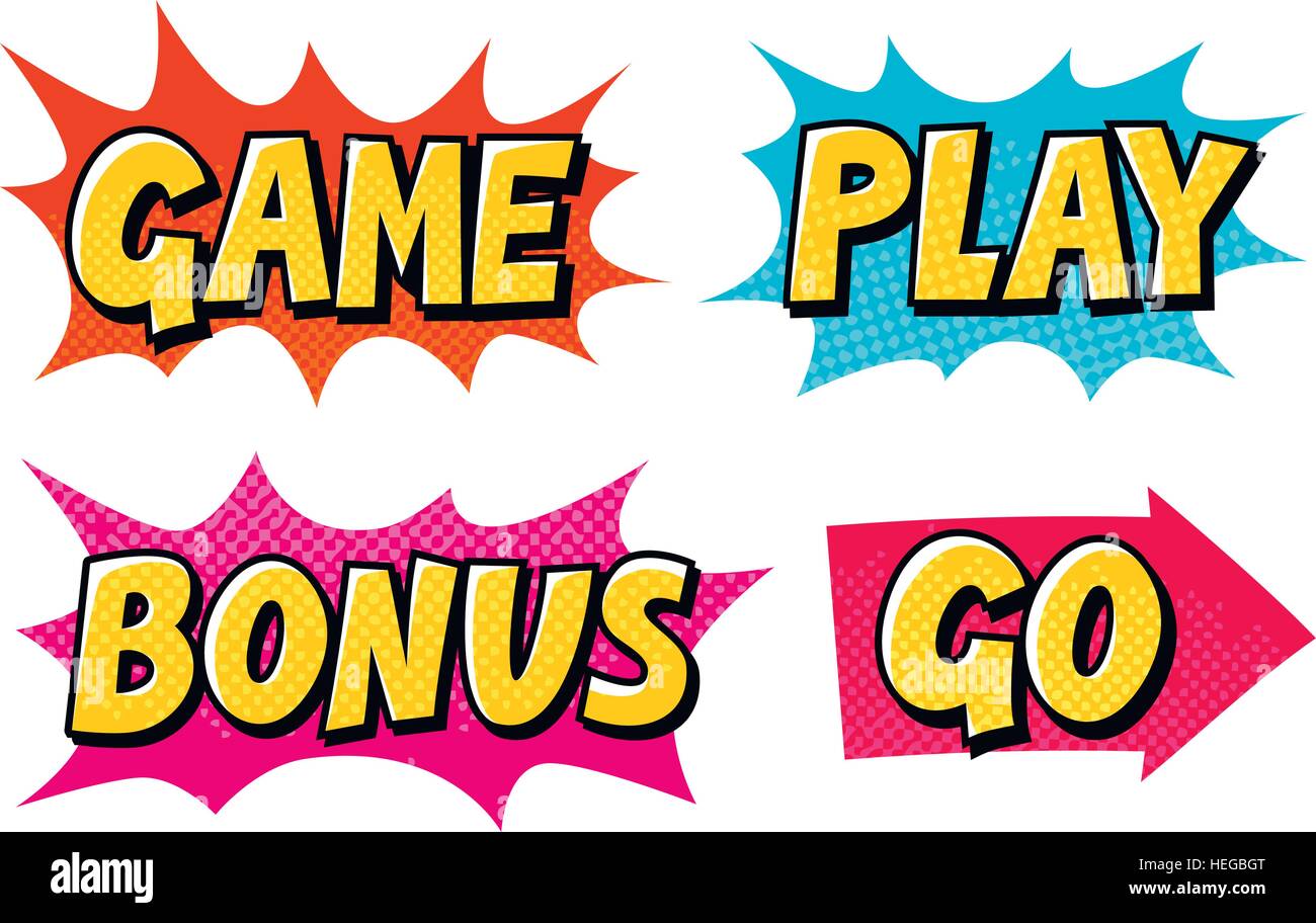 Comic text vector icons. Lettering such as Game, Play, Go, Bonus Stock ...
