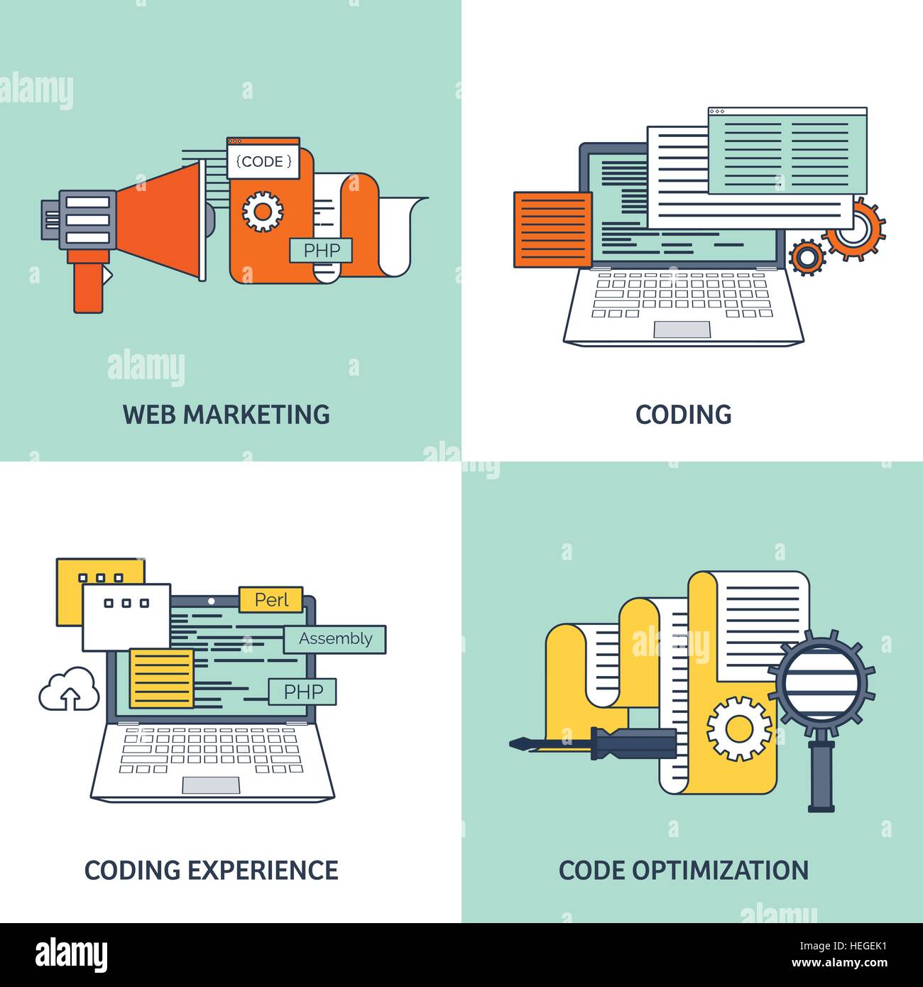 Vector illustration. Flat background. Coding, programming. SEO. Search engine optimization. App ...