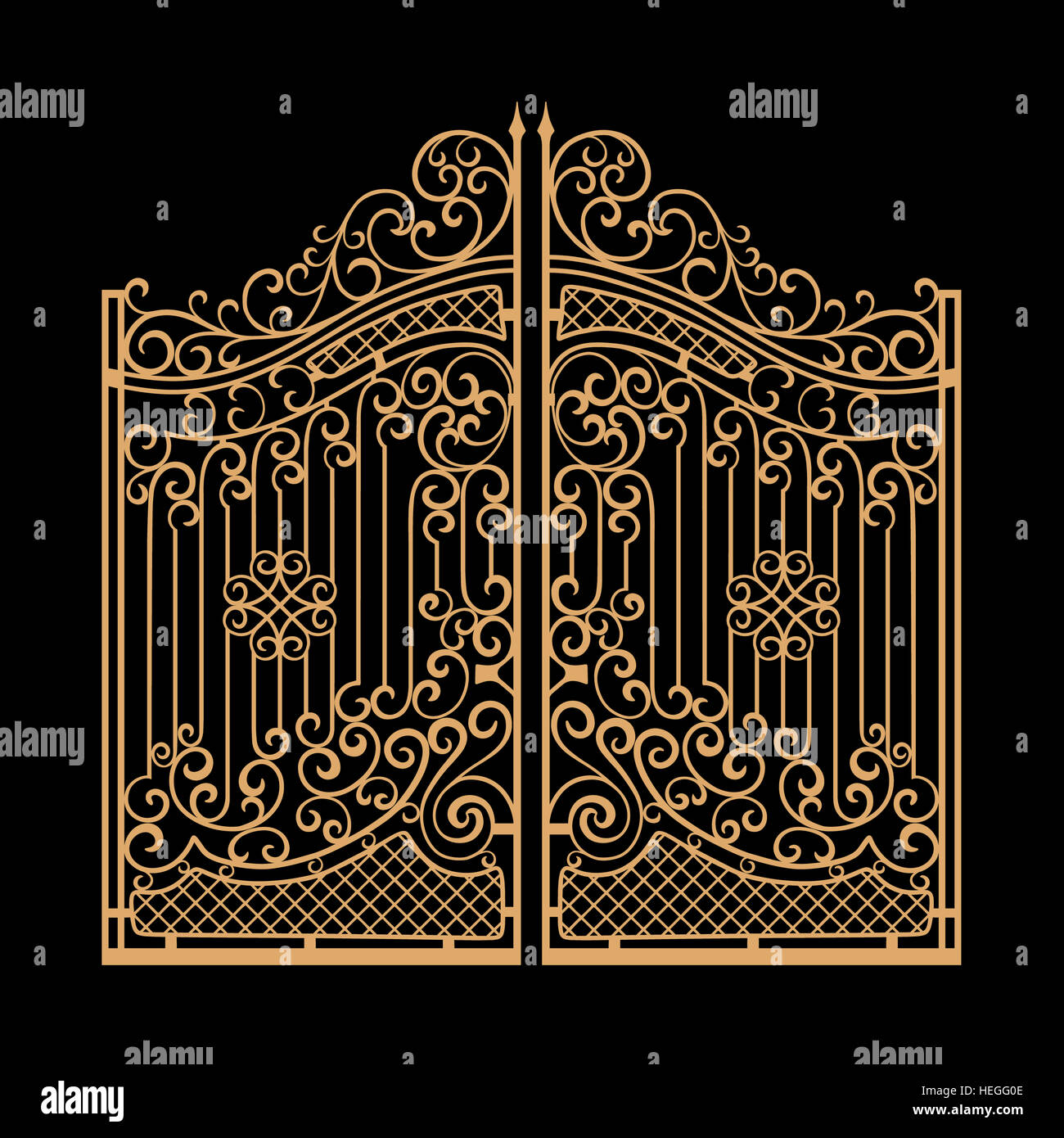 Decorated steel gates vector illustration. Golden on black background ...