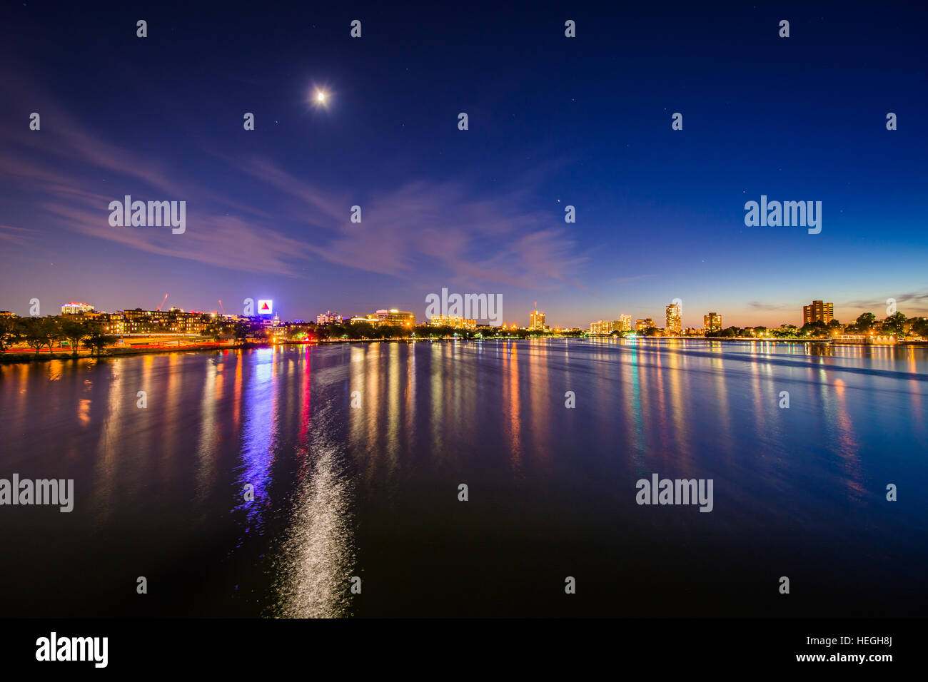 Moon over the Charles River at night, from the Harvard Bridge, in ...