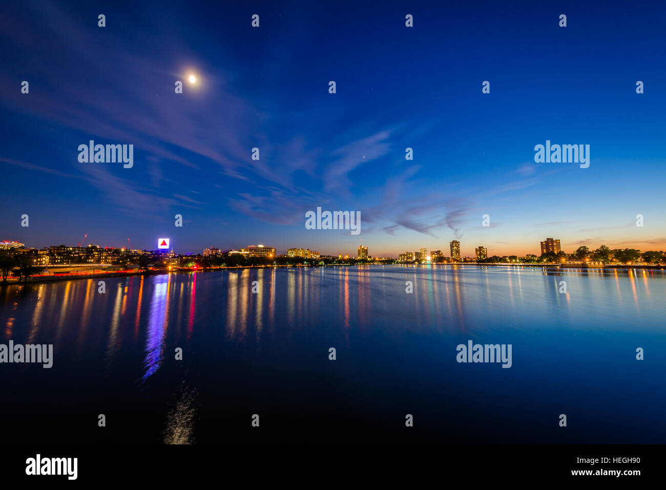 Moon over the Charles River at night, from the Harvard Bridge, in ...