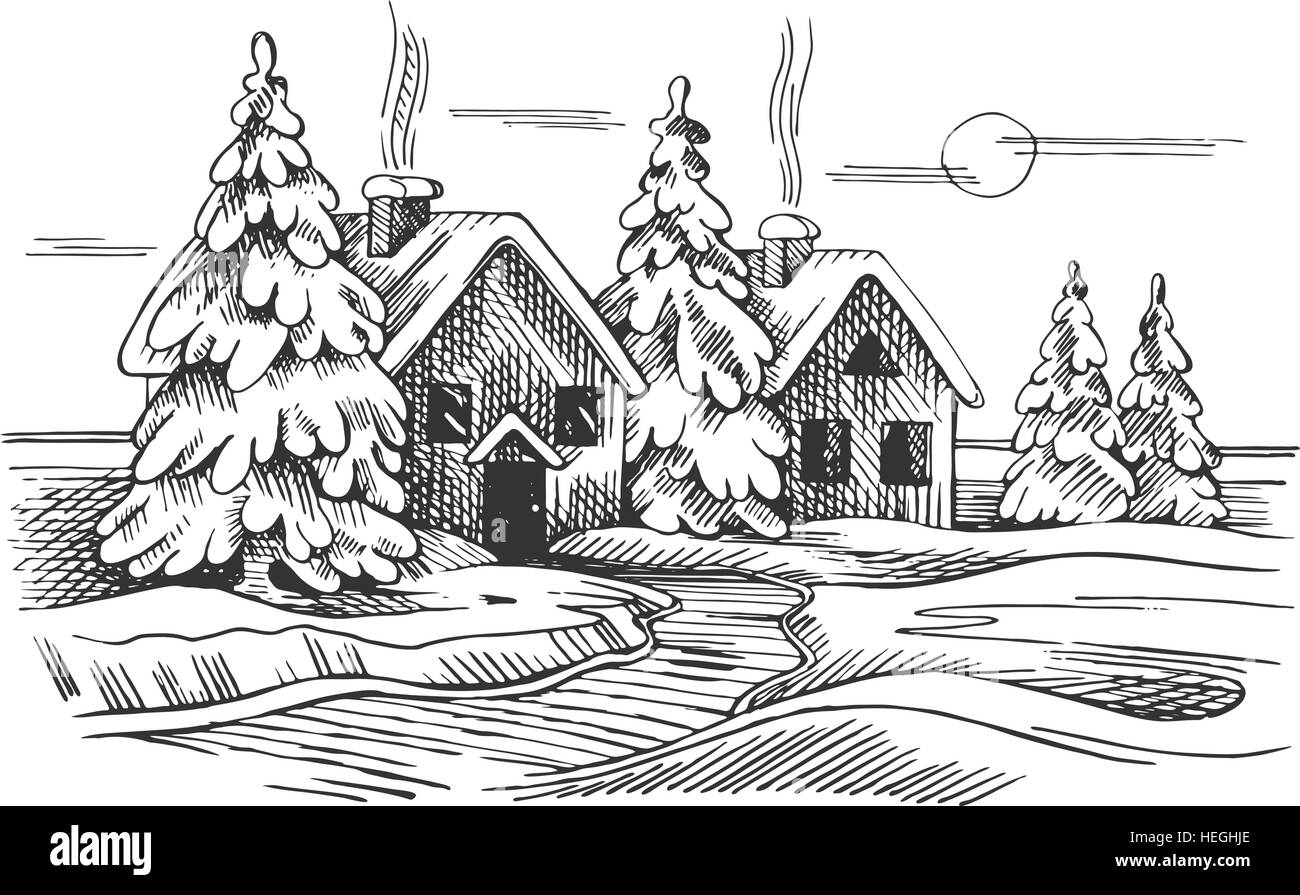 Vector sketch of the winter landscape Stock Vector Image & Art - Alamy