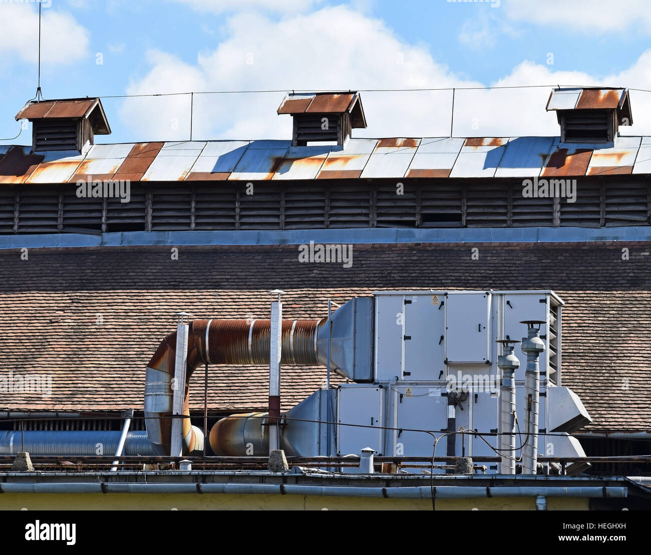 Air conditioners on the old factory building in the industrial area ...
