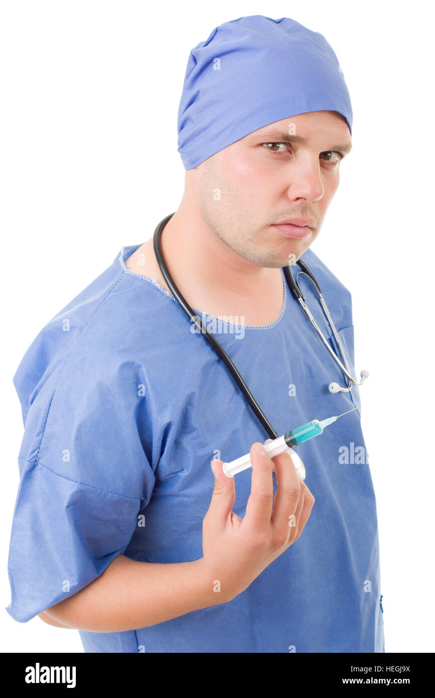 mad doctor with a syringe isolated over white background Stock Photo ...