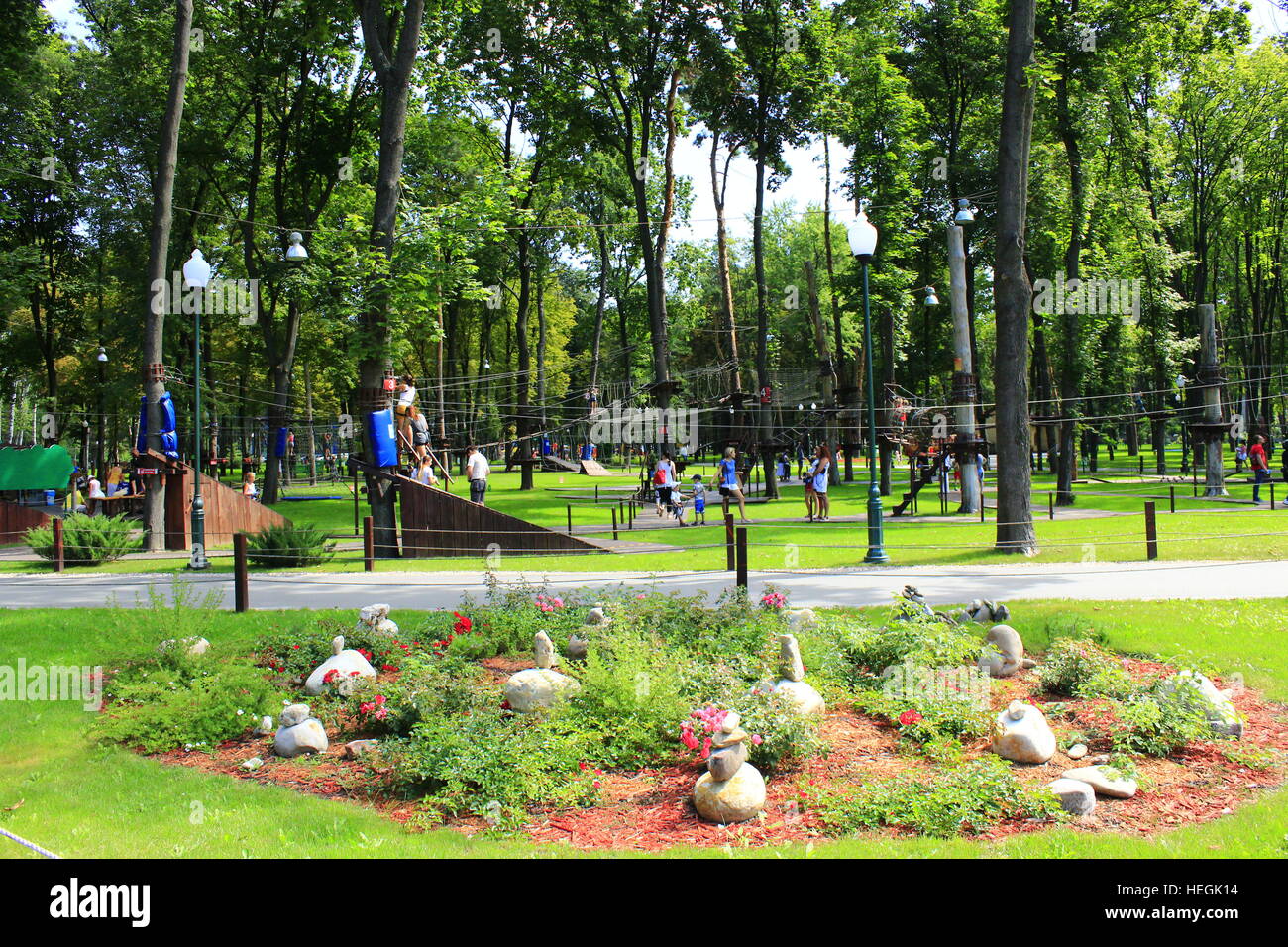 wide footpath in the park with big green trees Stock Photo - Alamy