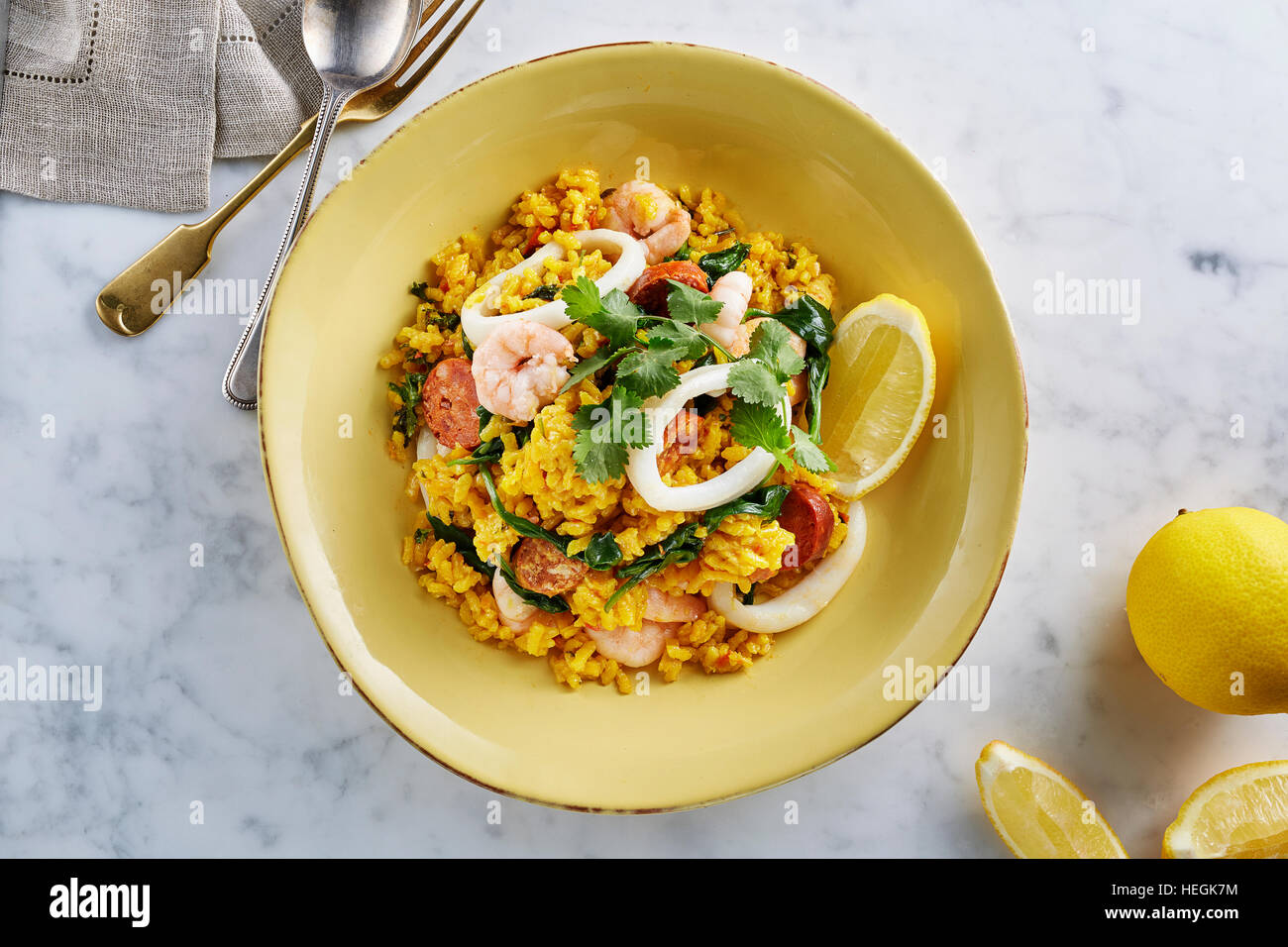 seafood paella rice saffron prawn octopus squid tomato spanish Stock ...