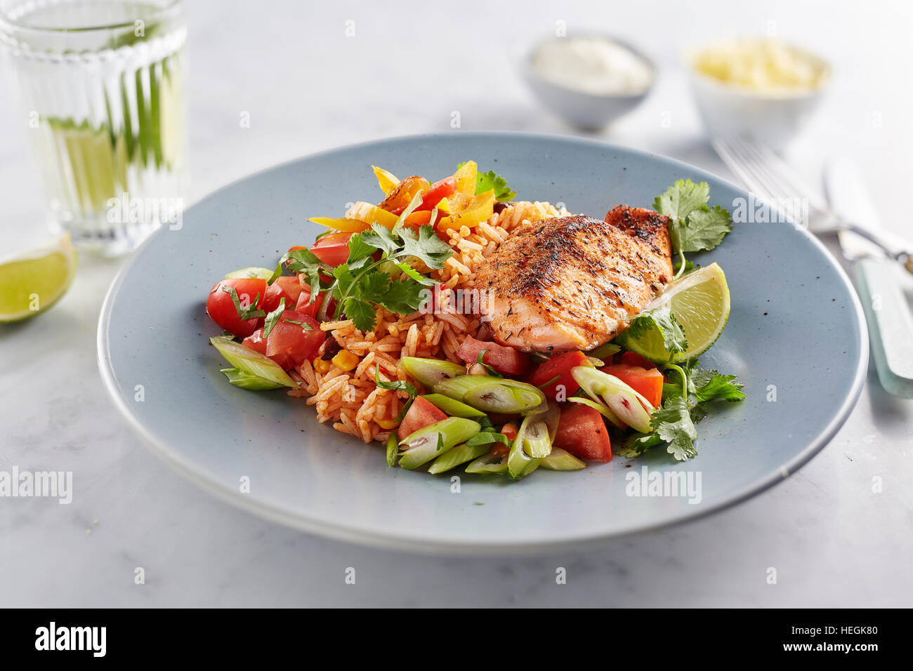 Mexican salmon tomato rice peppers lime hot spicy chilli Stock Photo ...