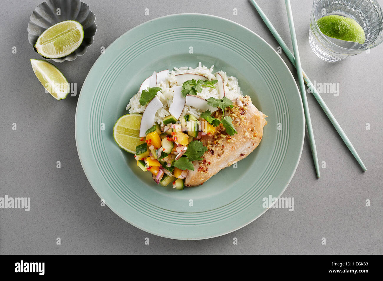 Mango salsa chicken basmati rice long rain coriander coconut slices ...