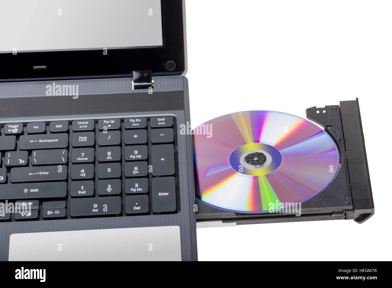 Electronic collection - Laptop with open DVD tray isolated on a white ...