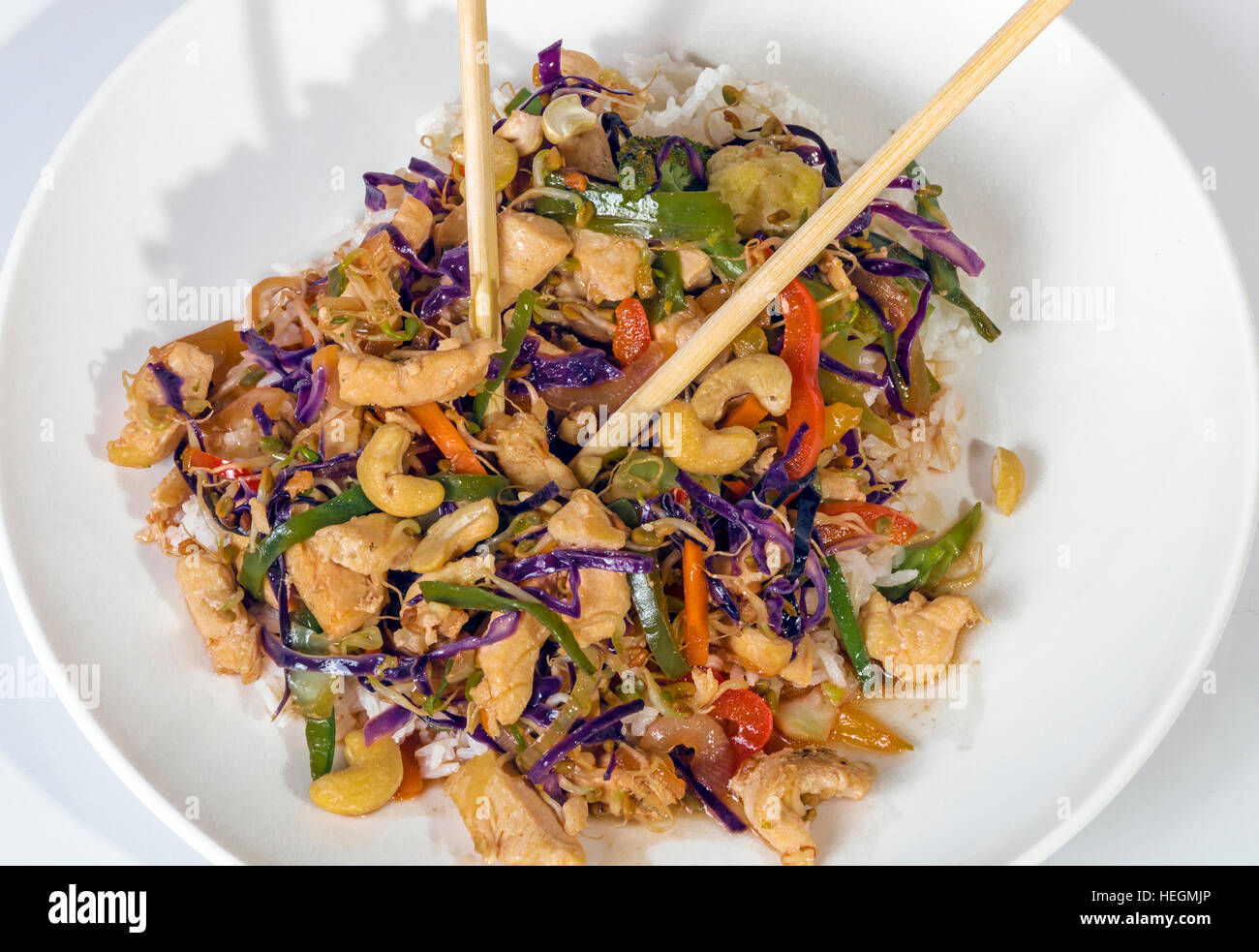 Close up studio shot of chicken mixed vegetable chop suey served on ...