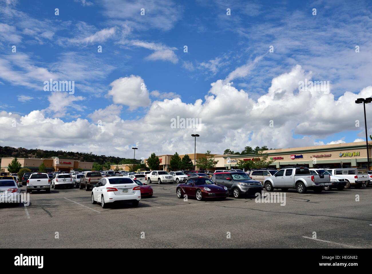 Car park for small suburban American shopping centre, Prescott, Arizona ...