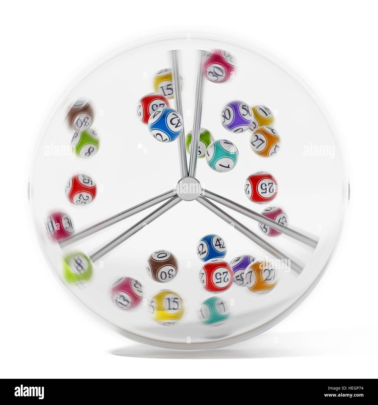 Multi colored bingo balls turning inside glass sphere. 3D illustration ...